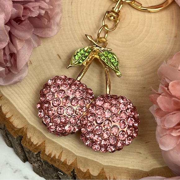 Accessories | Whimsical Pink Crystal Cherries Keychain Charm | Poshmark